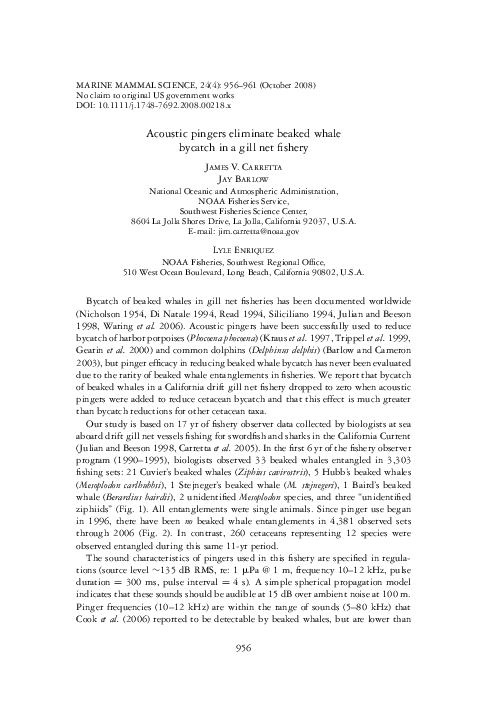 (PDF) Acoustic pingers eliminate beaked whale bycatch in a gill net fishery