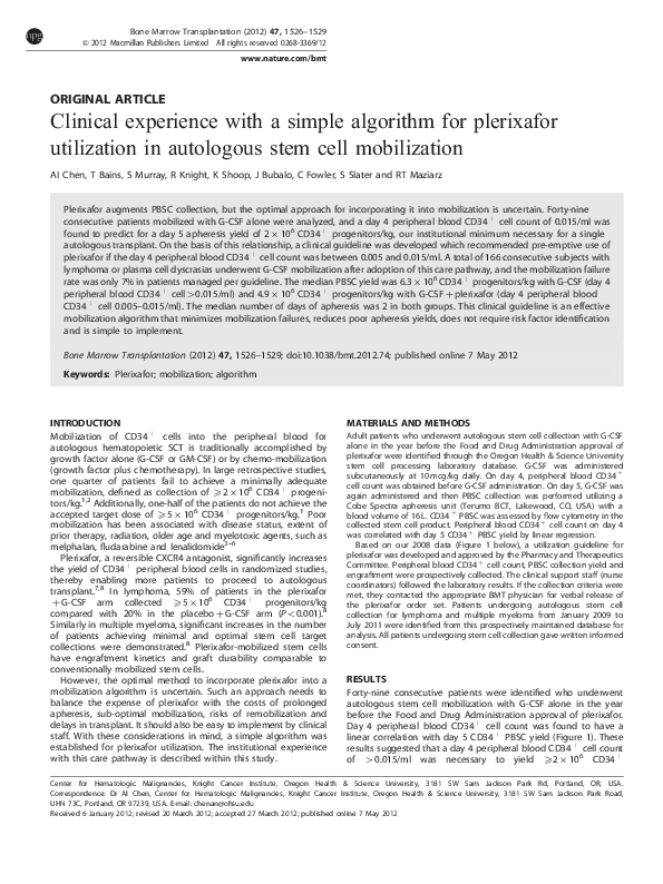 (PDF) Clinical experience with a simple algorithm for plerixafor utilization in autologous stem ...