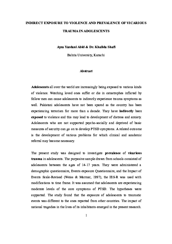 (DOC) INDIRECT EXPOSURE TO VIOLENCE AND PREVALENCE OF VICARIOUS TRAUMA ...
