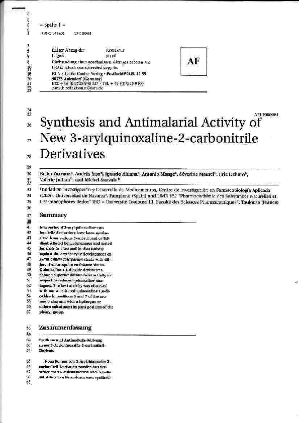 (PDF) Synthesis and Antimalarial Activity of New 3-Arylquinoxaline-2-carbonitrile Derivatives