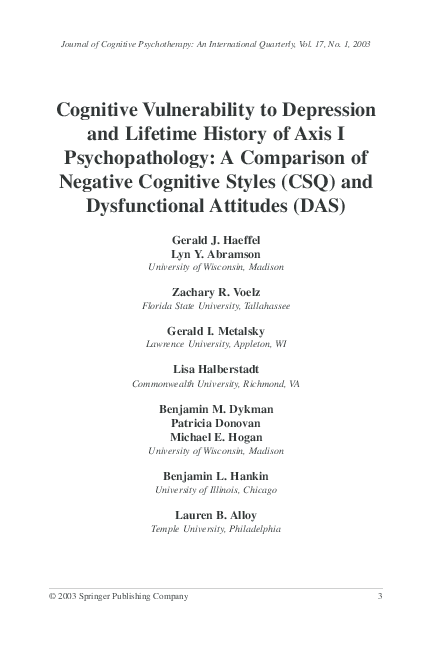 (PDF) Cognitive Vulnerability to Depression and Lifetime History of ...