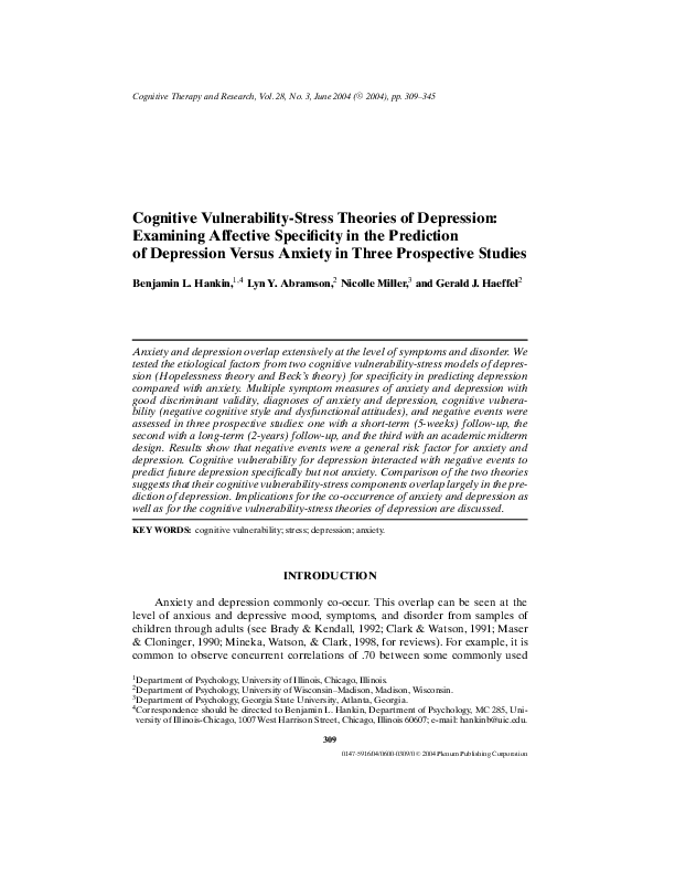 (PDF) Cognitive Vulnerability-Stress Theories of Depression: Examining ...