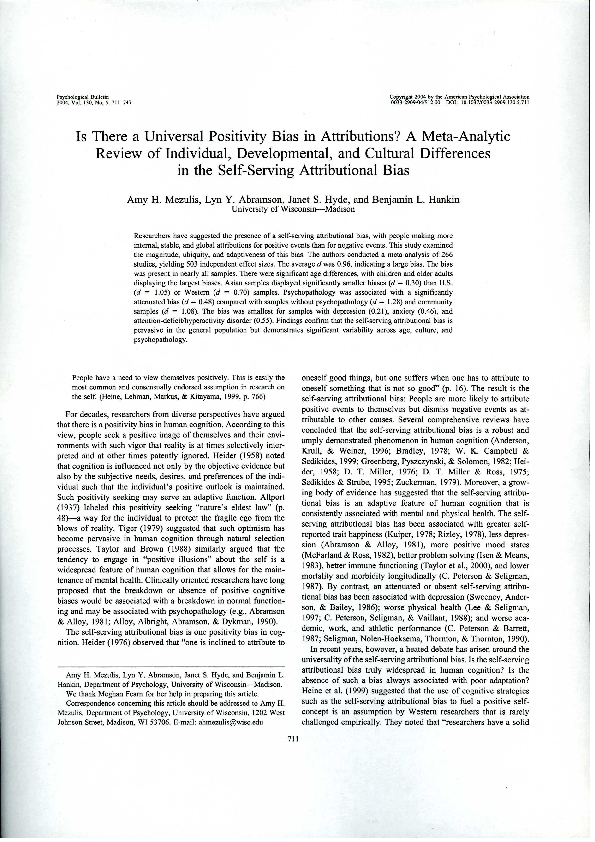 (PDF) Is There a Universal Positivity Bias in Attributions? A Meta-Analytic Review of Individual ...
