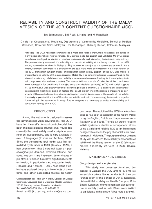 Pdf Reliability And Construct Validity Of The Malay Version Of The
