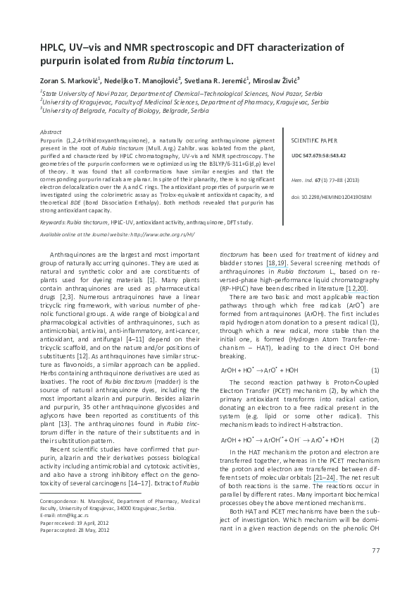 (PDF) HPLC, UV-Vis and NMR spectroscopic and DFT characterization of purpurin isolated from ...
