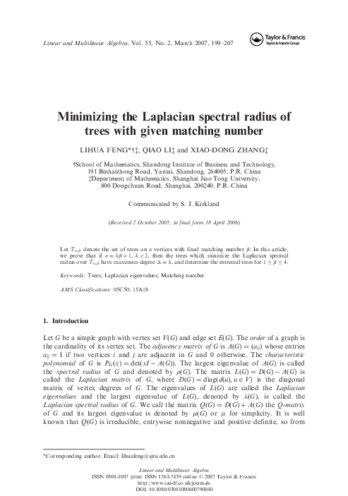 (PDF) Minimizing the Laplacian spectral radius of trees with given matching number