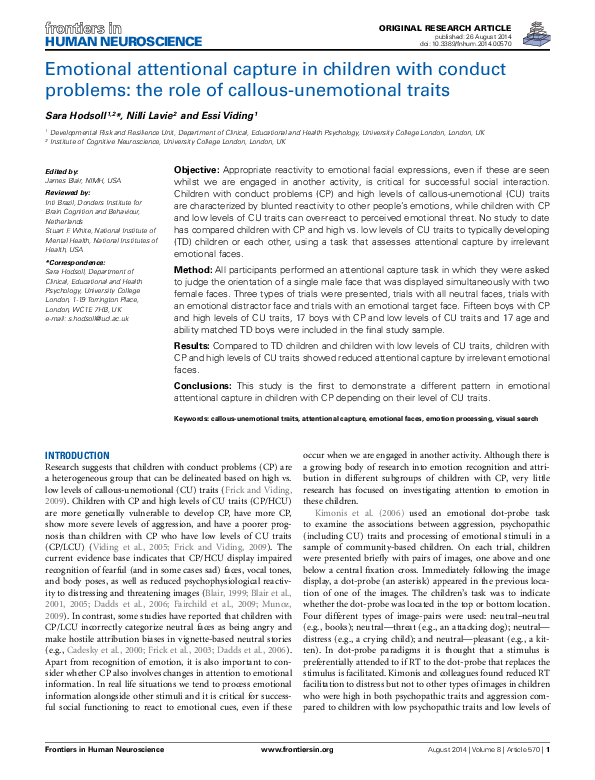 (PDF) Emotional attentional capture in children with conduct problems ...