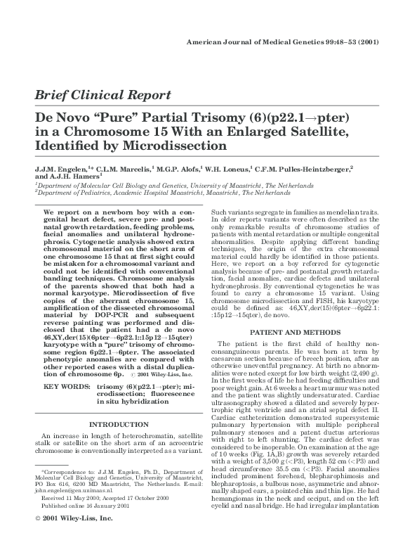 (PDF) De novo ?pure? partial trisomy (6)(p22.1?pter) in a chromosome 15 ...