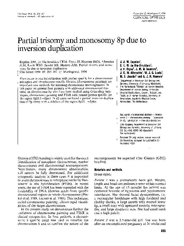 (PDF) Partial trisomy and monosomy 8p due to inversion duplication ...