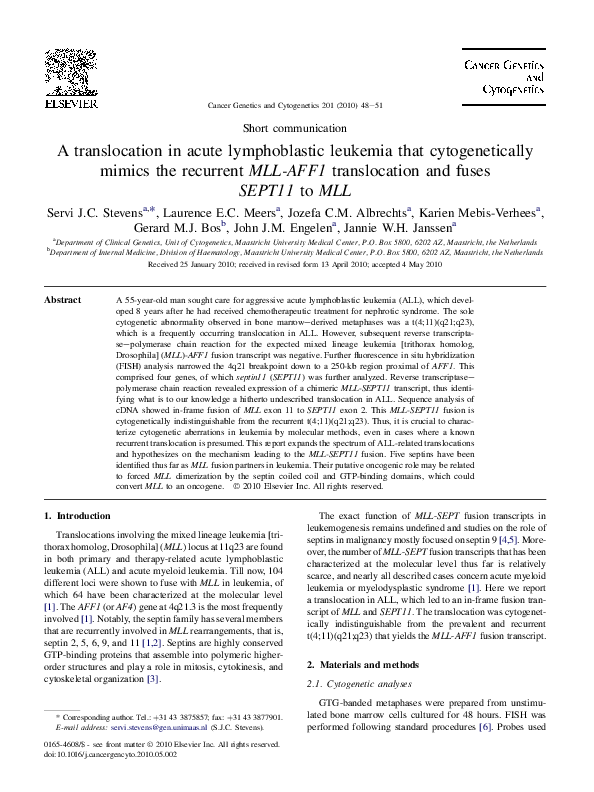 (PDF) A translocation in acute lymphoblastic leukemia that ...