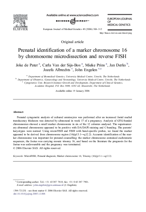 (PDF) Prenatal identification of a marker chromosome 16 by chromosome ...
