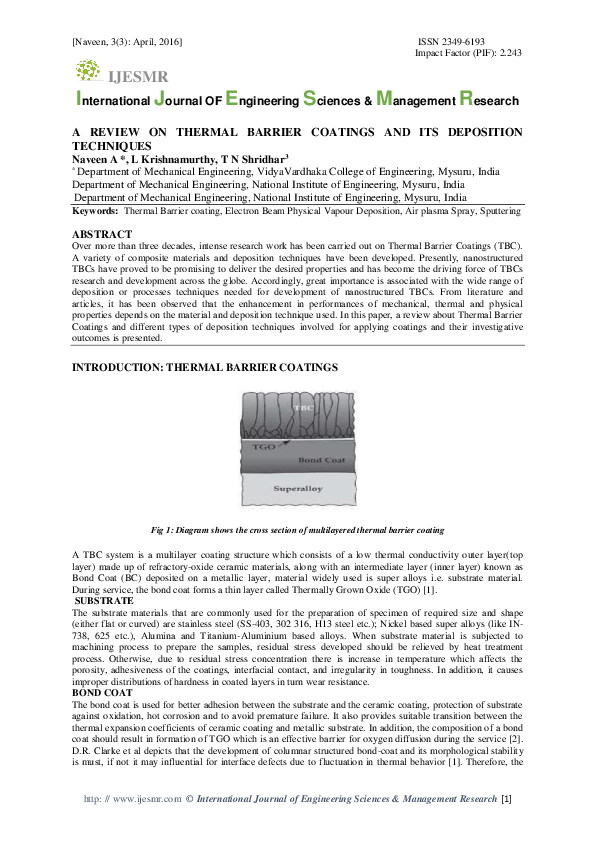 (PDF) A REVIEW ON THERMAL BARRIER COATINGS AND ITS DEPOSITION TECHNIQUES