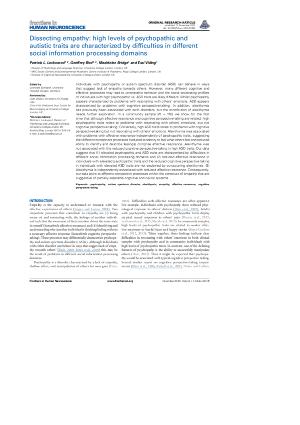 (PDF) Dissecting empathy: high levels of psychopathic and autistic traits are characterized by ...