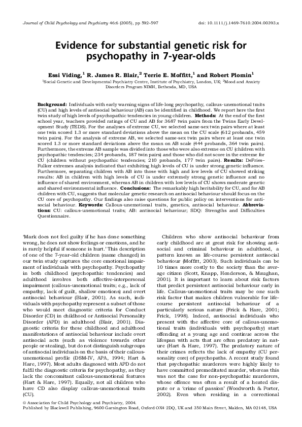 (PDF) Evidence for substantial genetic risk for psychopathy in 7-year-olds