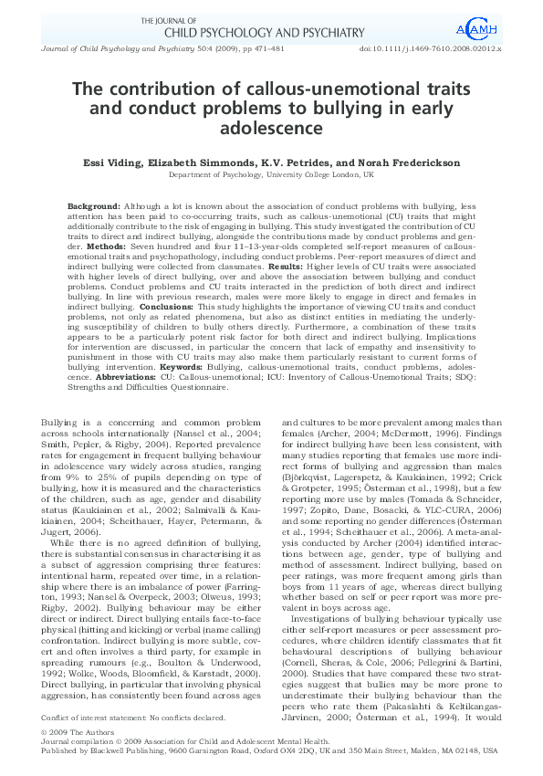 (PDF) The contribution of callous-unemotional traits and conduct ...