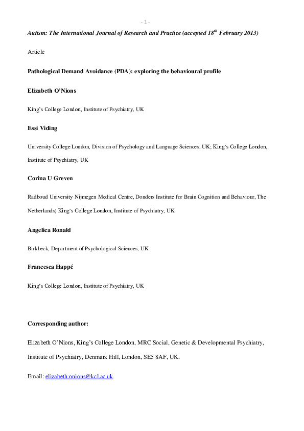 Pdf Pathological Demand Avoidance Exploring The Behavioural Profile