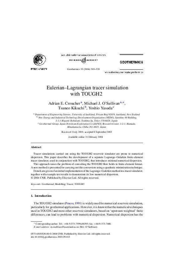 (PDF) Eulerian–Lagrangian tracer simulation with TOUGH2