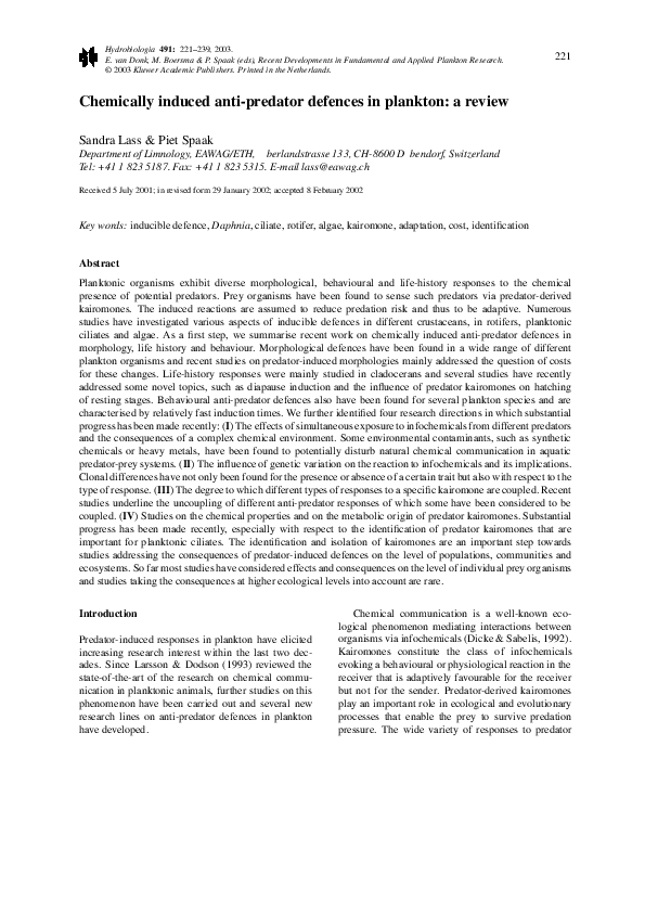 (PDF) Chemically induced anti-predator defences in plankton: a review