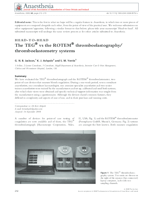 (PDF) The TEG ® vs the ROTEM ® thromboelastography/thromboelastometry ...
