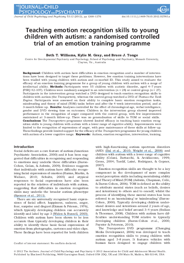 (PDF) Teaching emotion recognition skills to young children with autism ...
