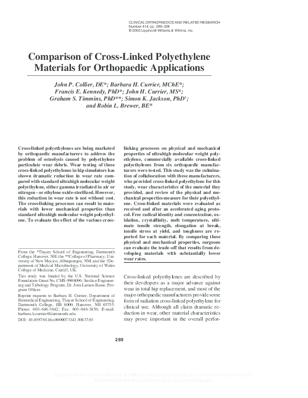 (PDF) Comparison of Cross-Linked Polyethylene Materials for Orthopaedic ...