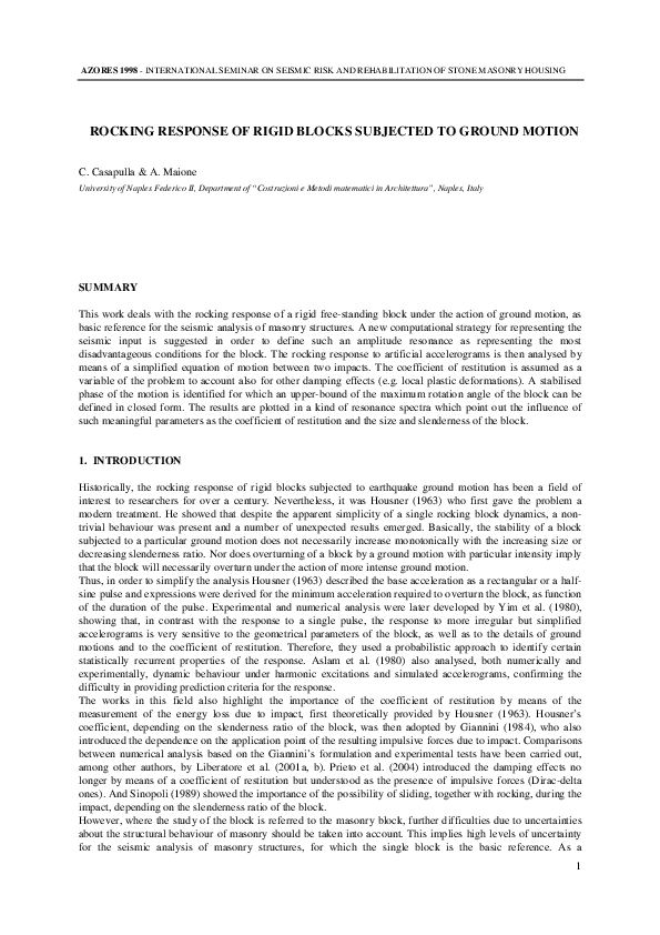(PDF) Rocking response of rigid blocks subjected to ground motion