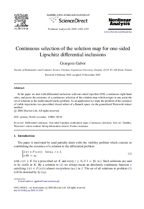 (PDF) Continuous selection of the solution map for one-sided Lipschitz differential inclusions