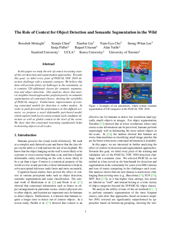 Pdf The Role Of Context For Object Detection And Semantic Segmentation In The Wild