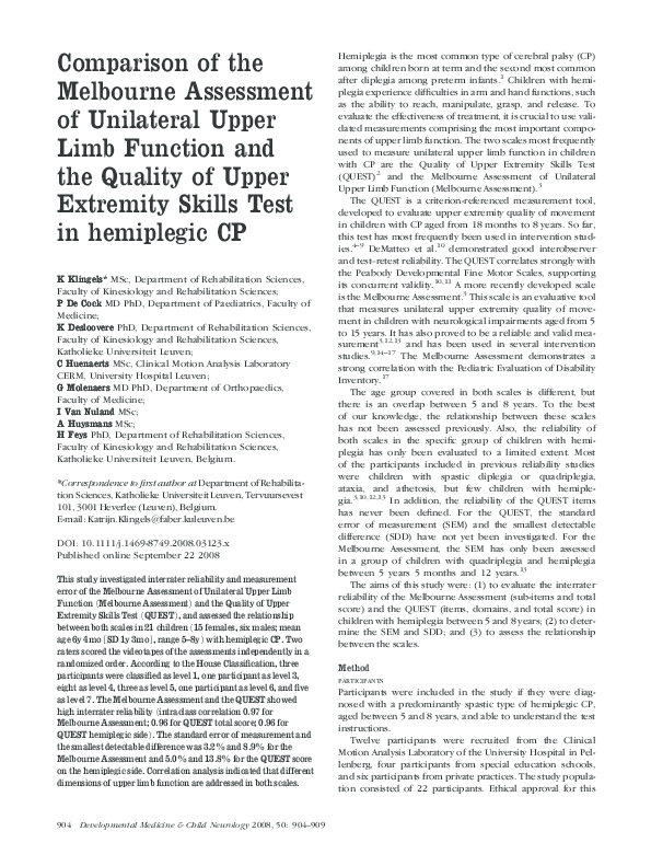 (PDF) Comparison of the Melbourne Assessment of Unilateral Upper Limb ...