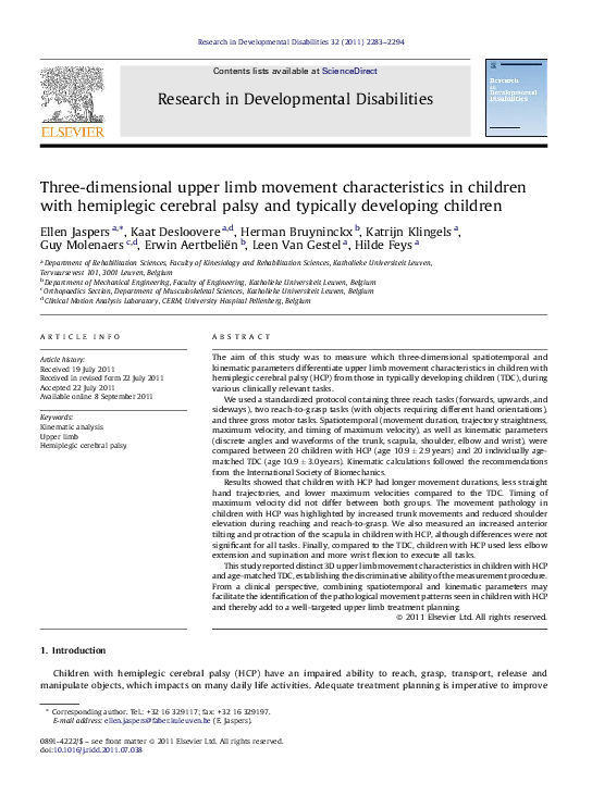 (PDF) Three-dimensional upper limb movement characteristics in children ...