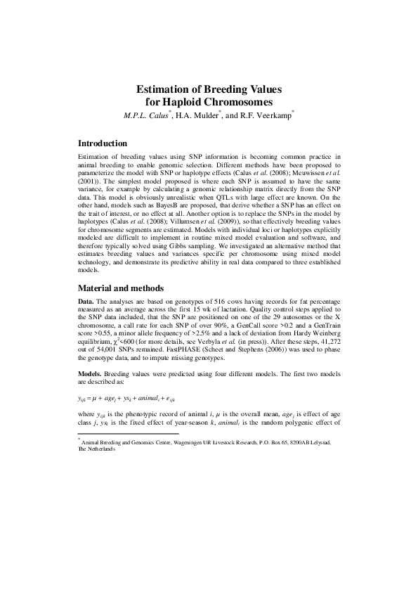(PDF) Estimation of Breeding Values for Haploid Chromosomes