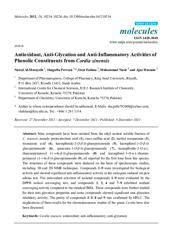 (PDF) Antioxidant, Anti-Glycation and Anti-Inflammatory Activities of Phenolic Constituents from ...