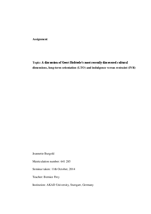 (PDF) Assignment Topic: A discussion of Geert Hofstede's most recently ...