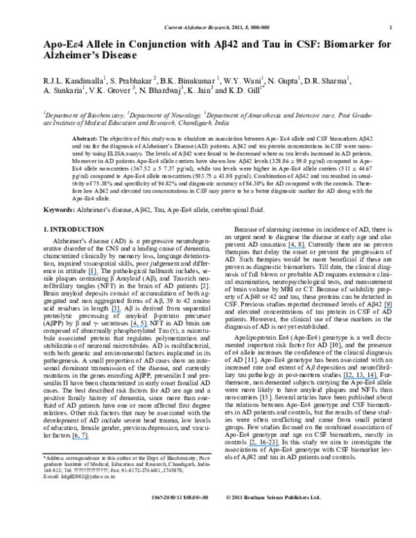 (PDF) Apo-E4 Allele in Conjunction with Aβ42 and Tau in CSF: Biomarker ...