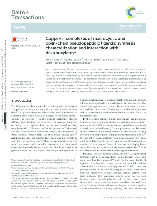 (PDF) Copper( ii ) complexes of macrocyclic and open-chain pseudopeptidic ligands: synthesis ...