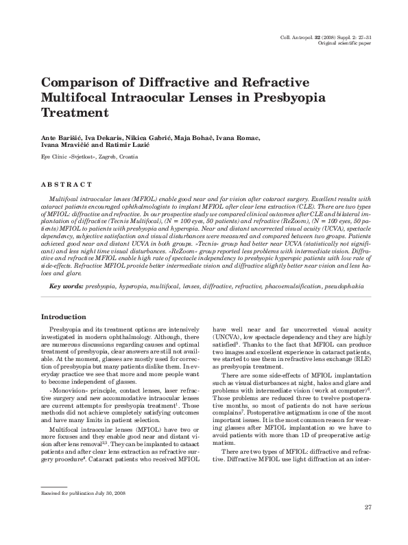 (PDF) Diffractive vs Refractive IOLs for Presbyopia