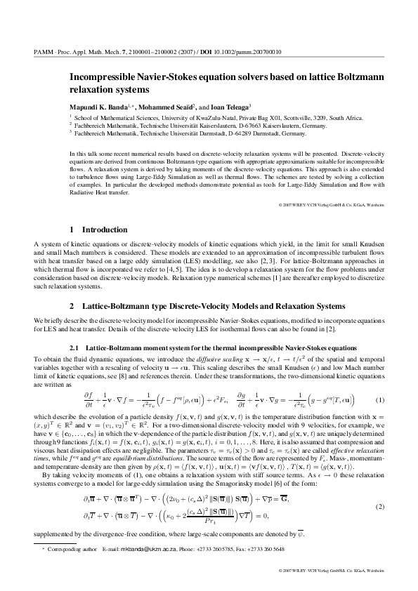 (PDF) Incompressible Navier-Stokes equation solvers based on lattice Boltzmann relaxation systems