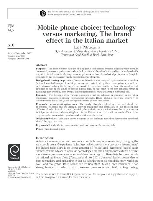 (PDF) Mobile phone choice: technology versus marketing. The brand ...