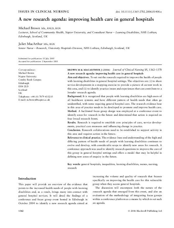 (PDF) A new research agenda: improving health care in general hospitals