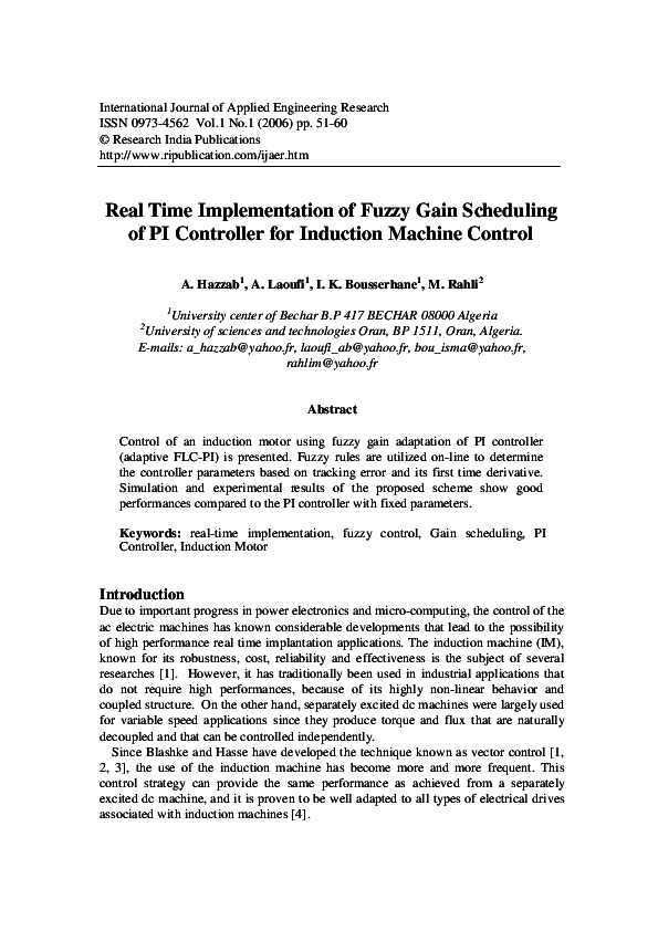 Pdf Real Time Implementation Of Fuzzy Gain Scheduling Of Pi Controller For Induction Motor