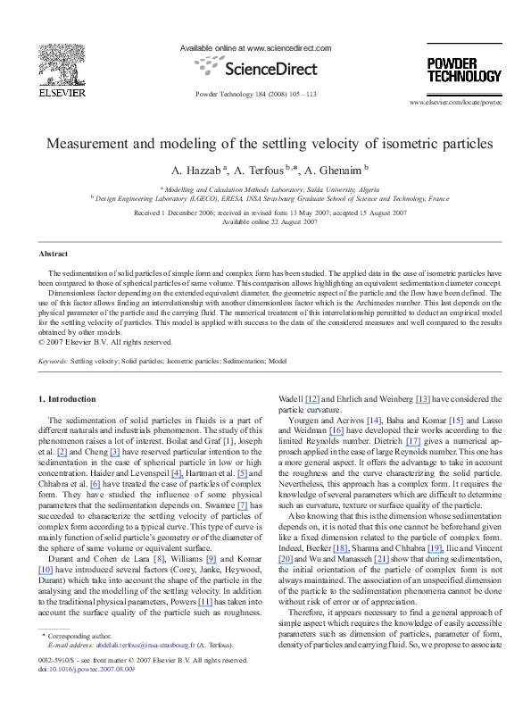 (PDF) Measurement and modeling of the settling velocity of isometric ...