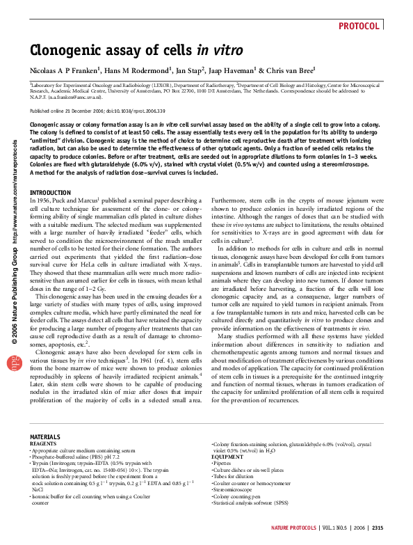 (PDF) Clonogenic assay of cells in vitro
