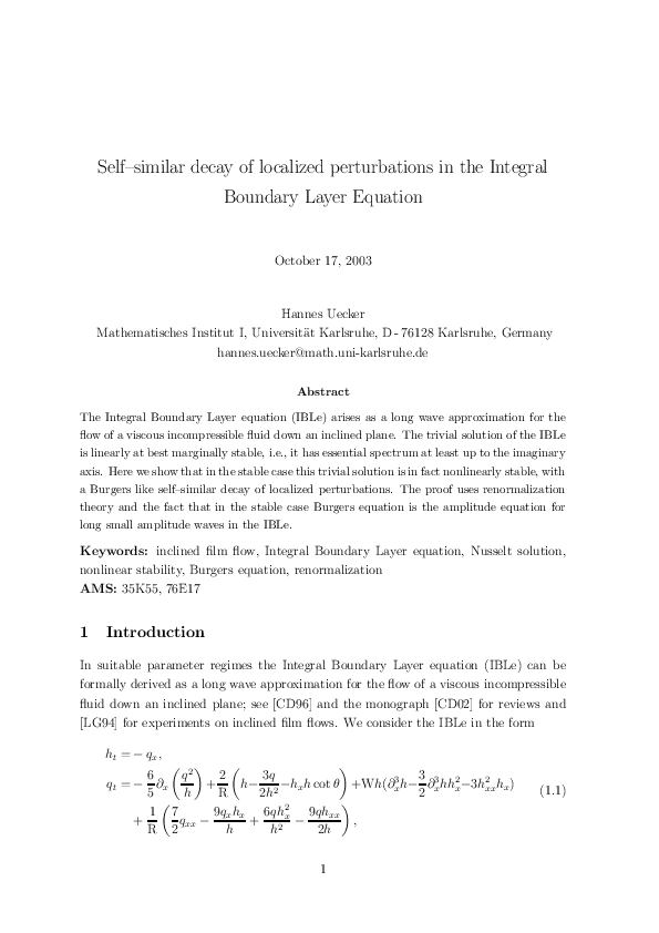 (PDF) Self-similar decay of localized perturbations in the integral boundary layer equation ...