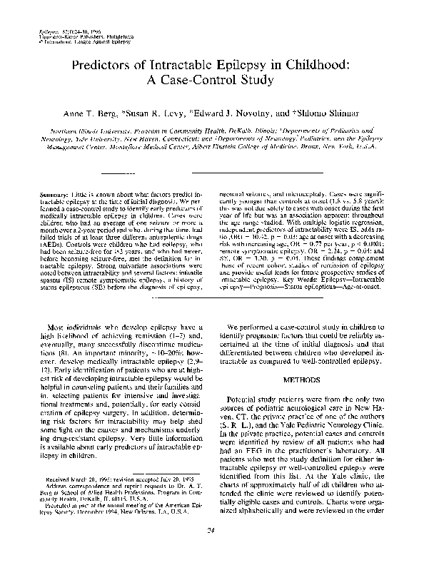 (PDF) Predictors of Intractable Epilepsy in Childhood: A Case-Control Study