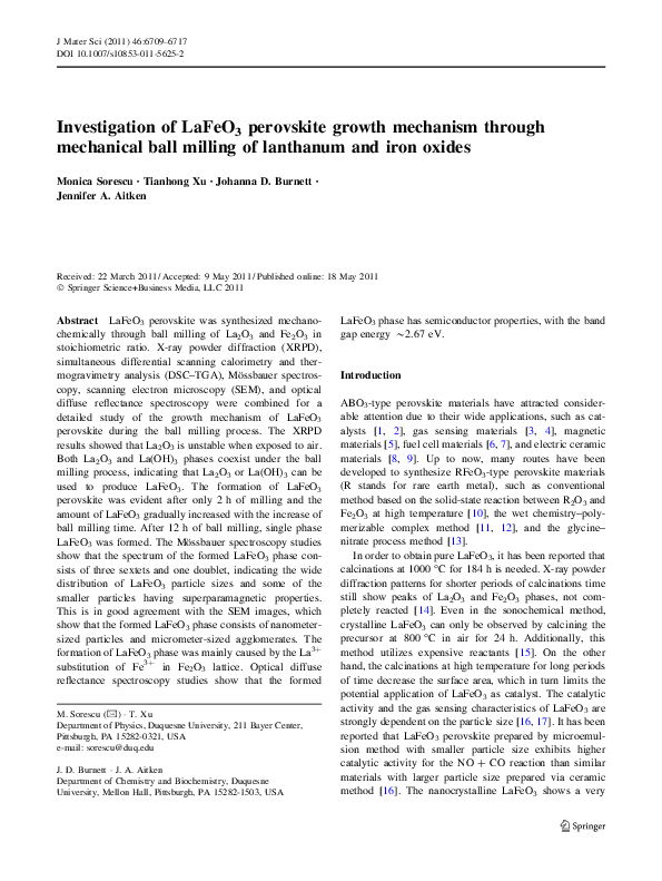 (PDF) Investigation of LaFeO3 perovskite growth mechanism through mechanical ball milling of ...