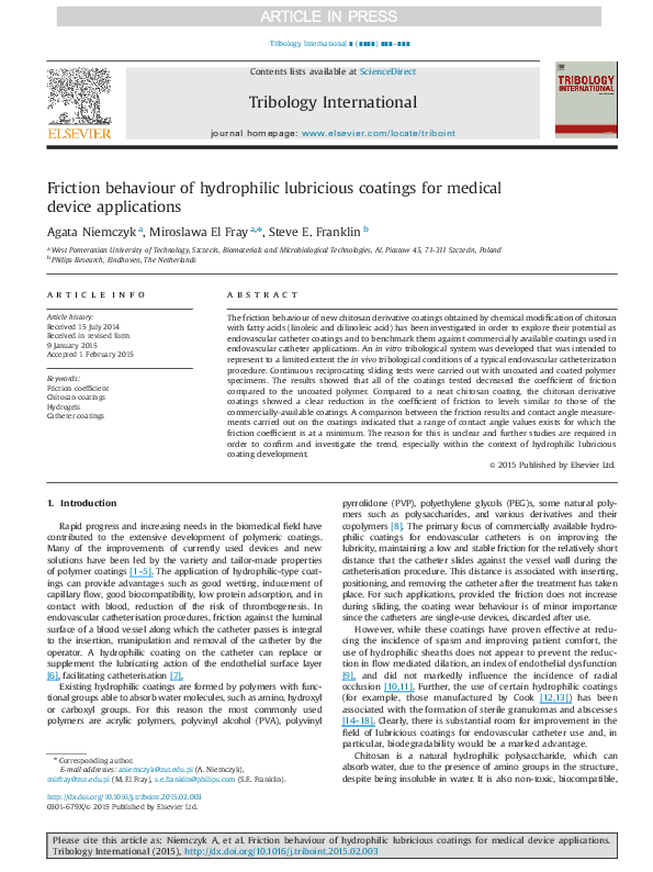 (PDF) Friction behaviour of hydrophilic lubricious coatings for medical ...