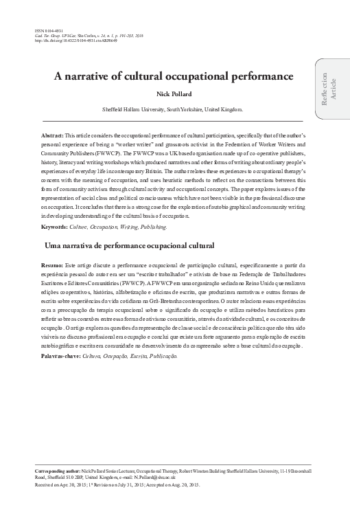 (PDF) A narrative of cultural occupational performance