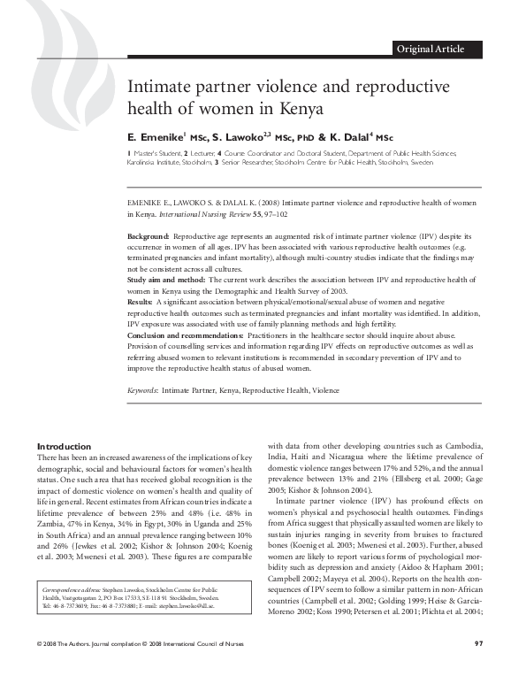 Pdf Intimate Partner Violence And Reproductive Health Of Women In Kenya