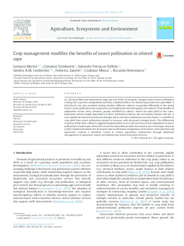 (PDF) Crop management modifies the benefits of insect pollination in ...