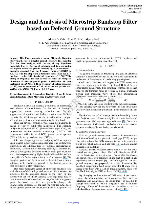 Pdf Design And Analysis Of Microstrip Bandstop Filter Based On Defected Ground Structure
